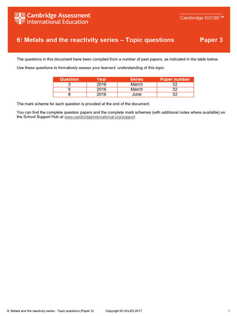 6: Metals and The Reactivity Series - Topic Questions Paper 3 | PDF