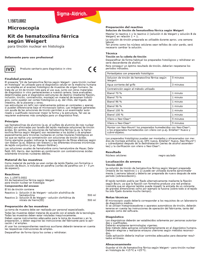 Prospecto Kit de Hematoxilina Ferrica Según Weigert | PDF