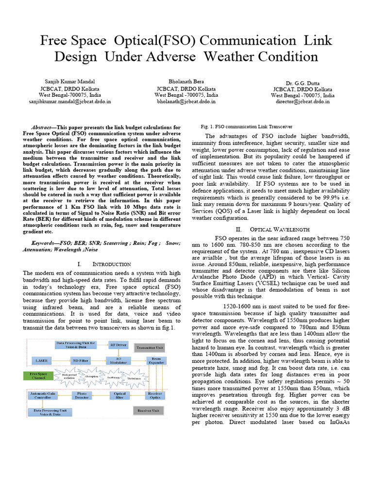 Free Space OpticalFSO Communication Link Design Under Adverse Weather ...