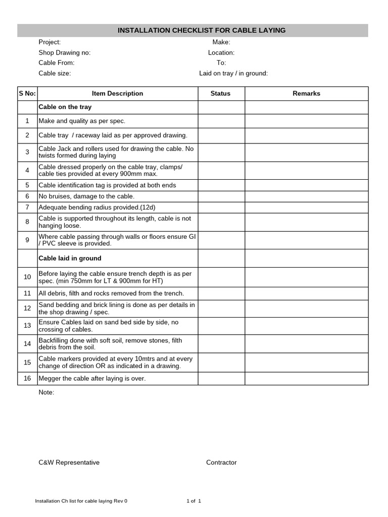 Installation Checklist For Cable Laying | PDF | Technology & Engineering