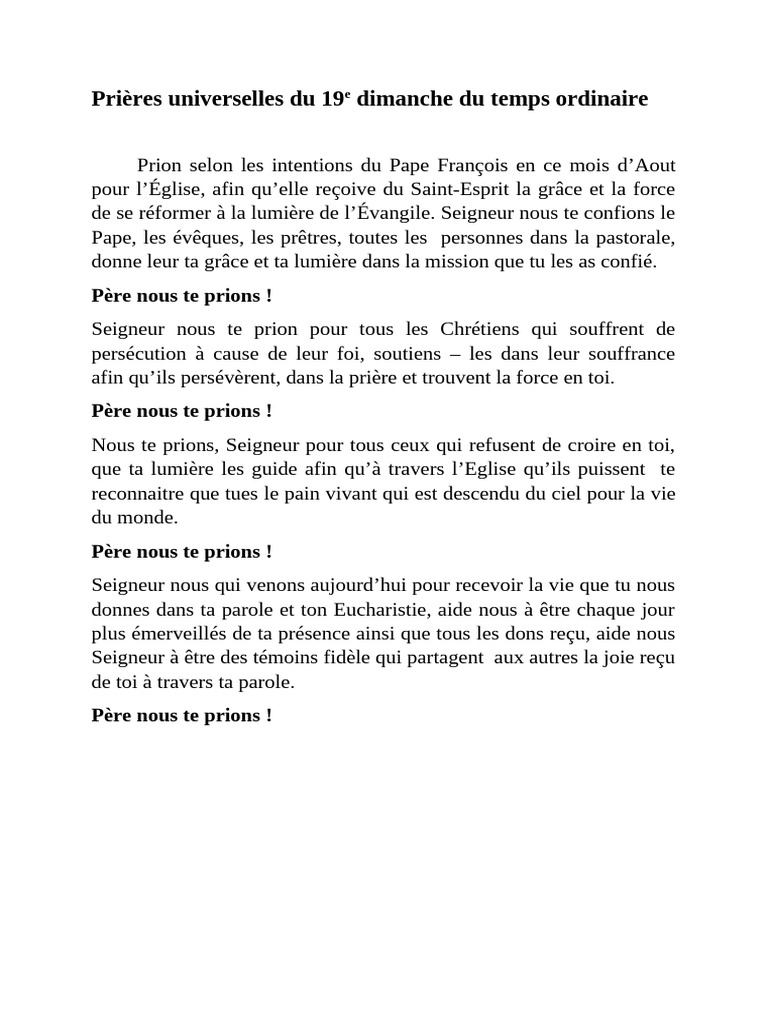 Prière universelles du 19e dimanche du temps ordinaire | PDF