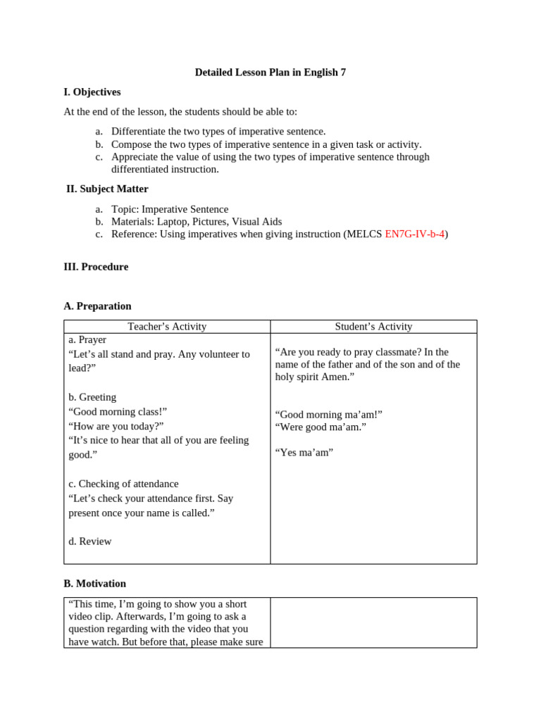 Lesson Plan: Understanding Imperative Sentences | PDF | Sentence ...