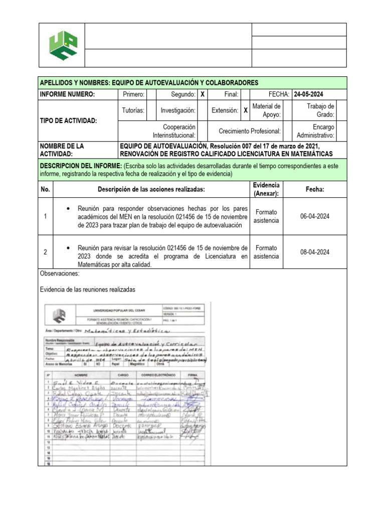 Informe Actividades Complementarias LL Corte 2024 - 1 E. Autoevaluación | PDF