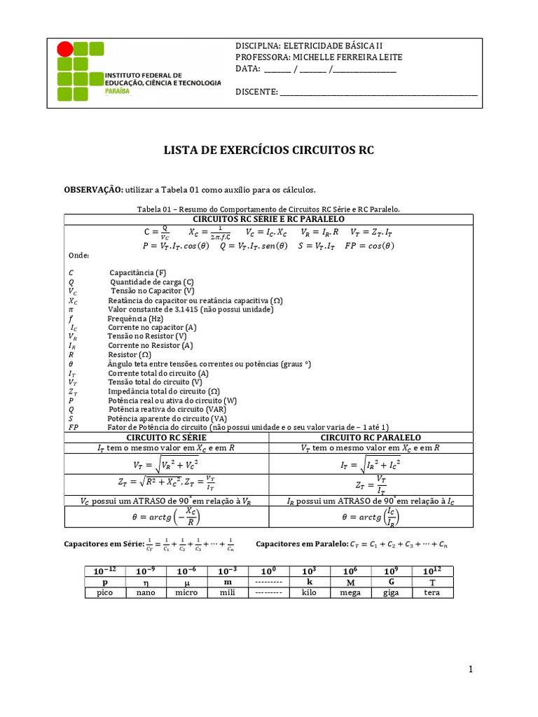 EBII_Lista_Exercícios_01_Circuitos_RC | PDF