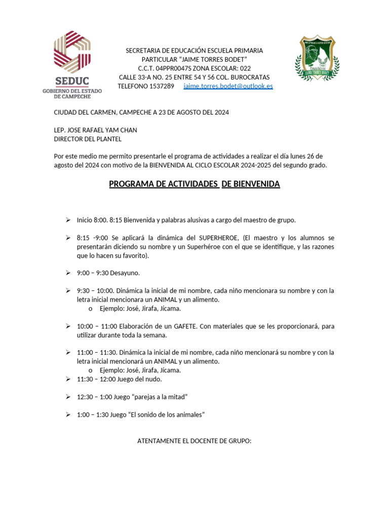 Programa de Bienvenida 2024 | PDF