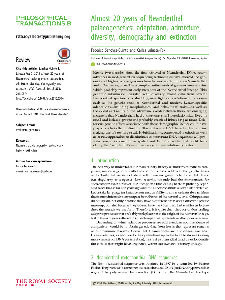 Almost 20 Years of Neanderthal Palaeogenetics: Adaptation, Admixture ...