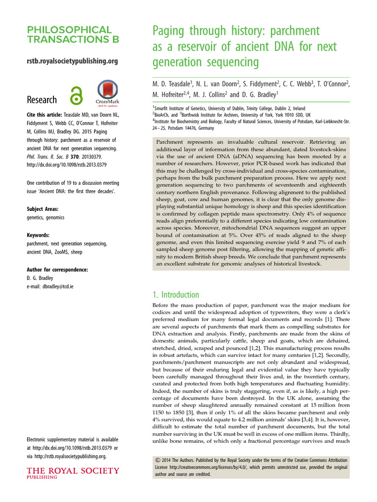 Paging Through History: Parchment As A Reservoir of Ancient DNA For Next Generation Sequencing | PDF
