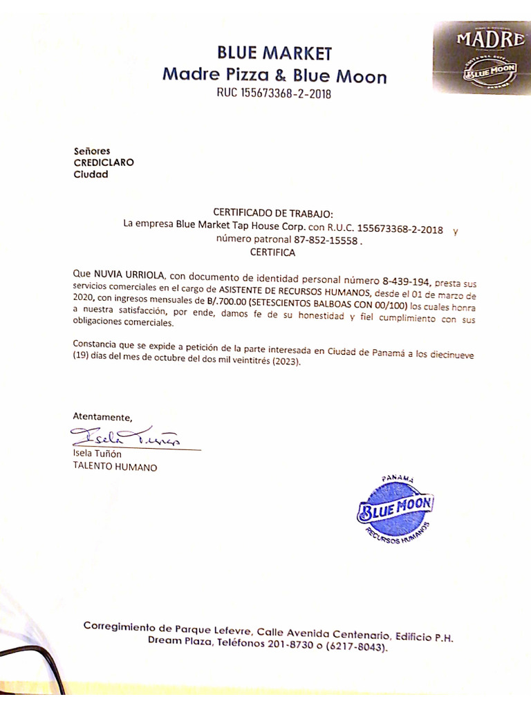 Carta Laboral Nuvia | PDF