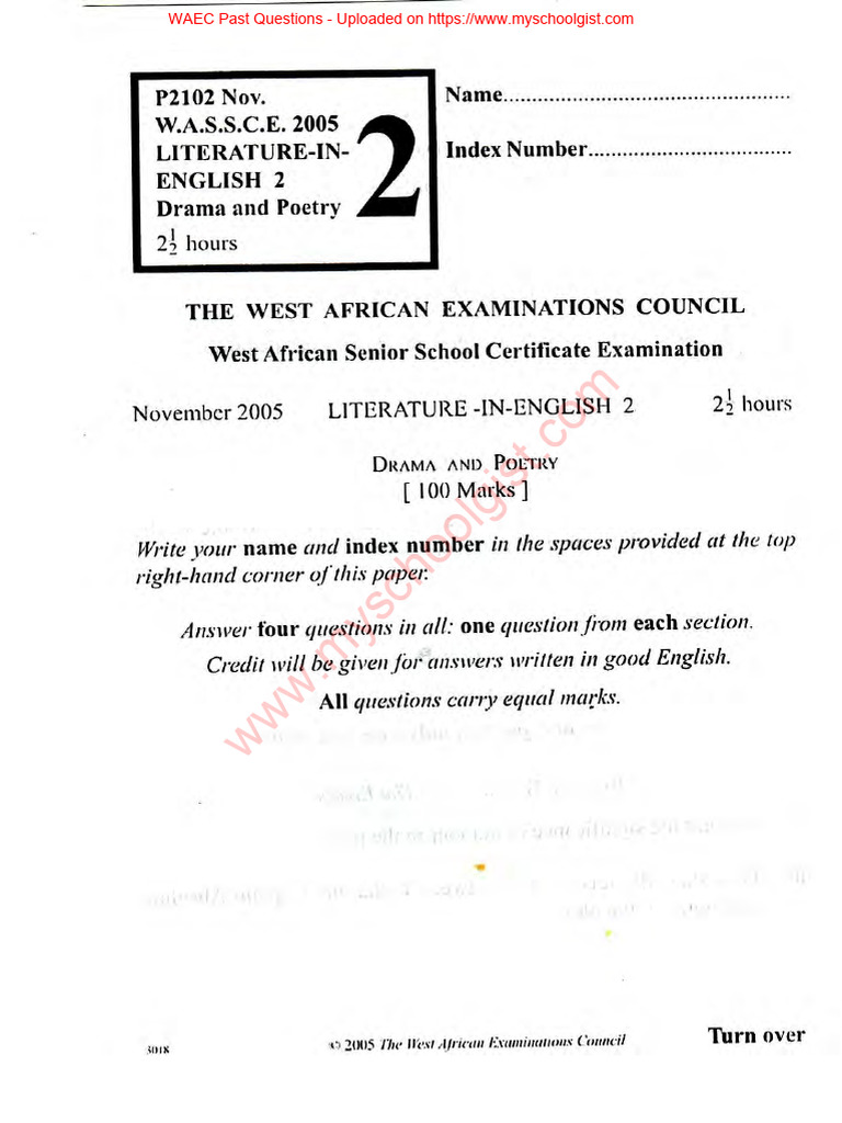 Waec Lit in English 2005 Nov Drama and Poetry Paper 2 | PDF