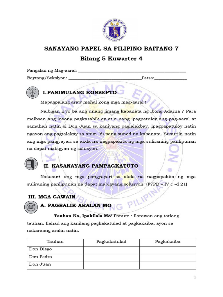 Sanayang Papel Sa Filipino Baitang 7 Bilang 5 Kuwarter 4: I. Panimulang Konsepto | PDF