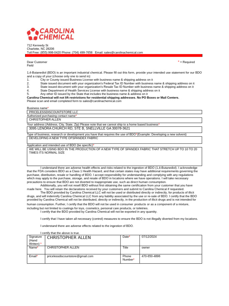 Chemical Agreement Form | PDF