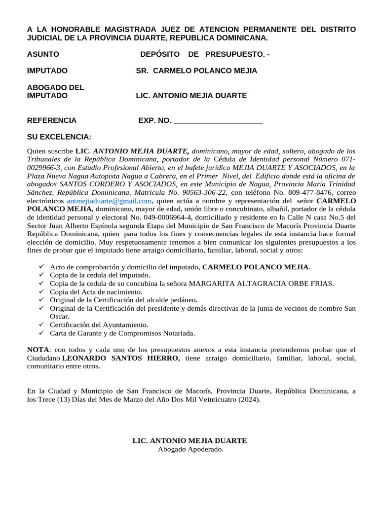 A La Honorable Magistrada Juez de Atencion Permanente Del Distrito ...