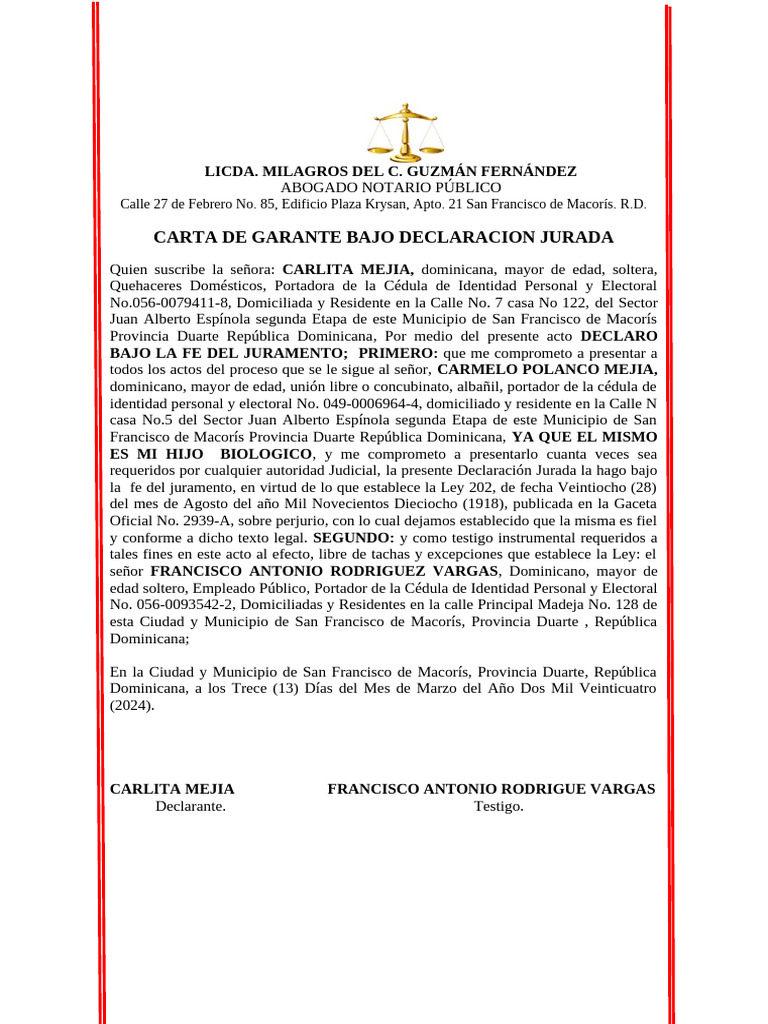 Carta de Garante Bajo Declaracion Jurada | PDF