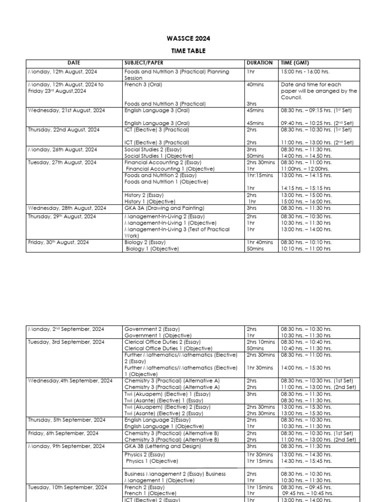 Wassce 24-Timetable Revised | PDF