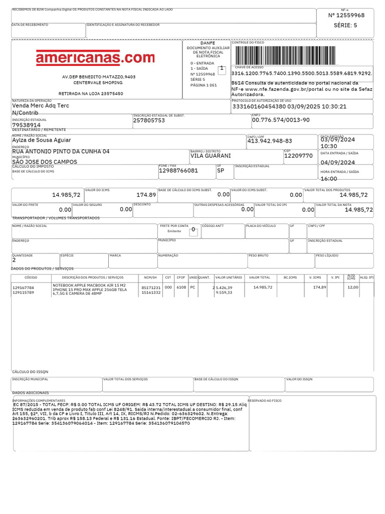 Toaz - Info NF Celular Americanas 1 PR - PDF | PDF