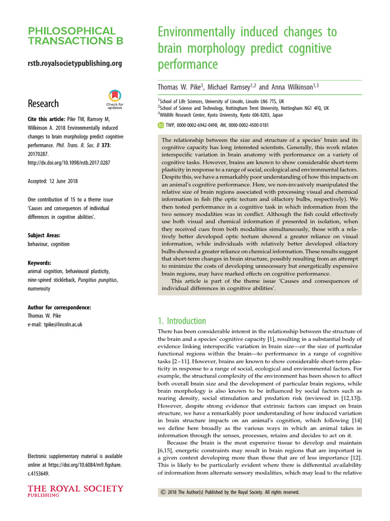 9 - Environmentally Induced Changes To Brain Morphology Predict Cognitive Performance | PDF