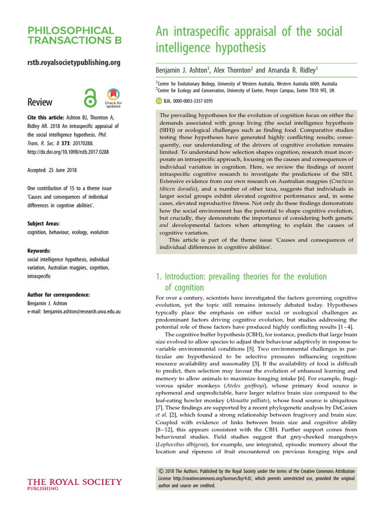 13 - An intraspecific appraisal of the social intelligence hypothesis | PDF