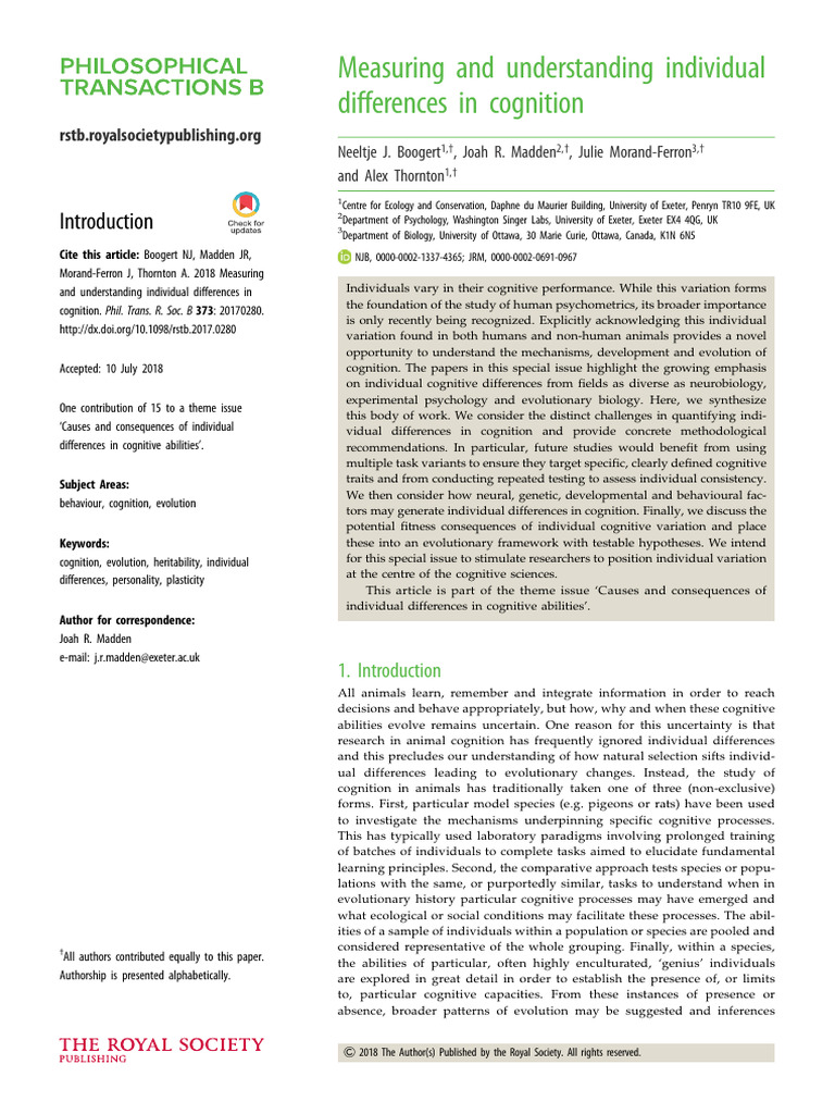 Measuring and understanding individual differences in cognition | PDF