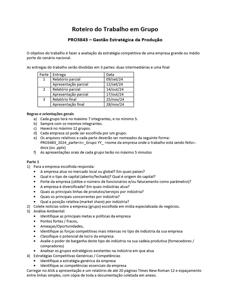 Roteiro Do Trabalho em Grupo de PRO3843 | PDF