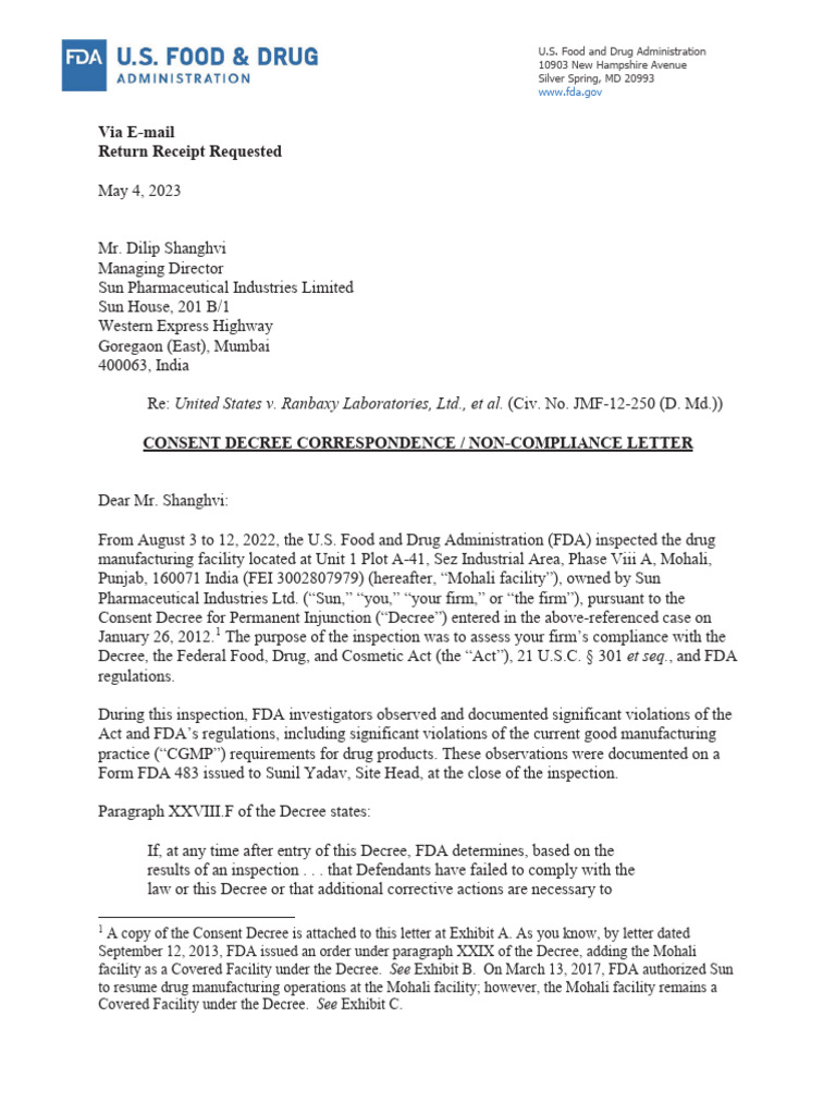 Sun Pharmaceutical Industries Inc., Mohali, Punjab, India 5.4.23 Non ...