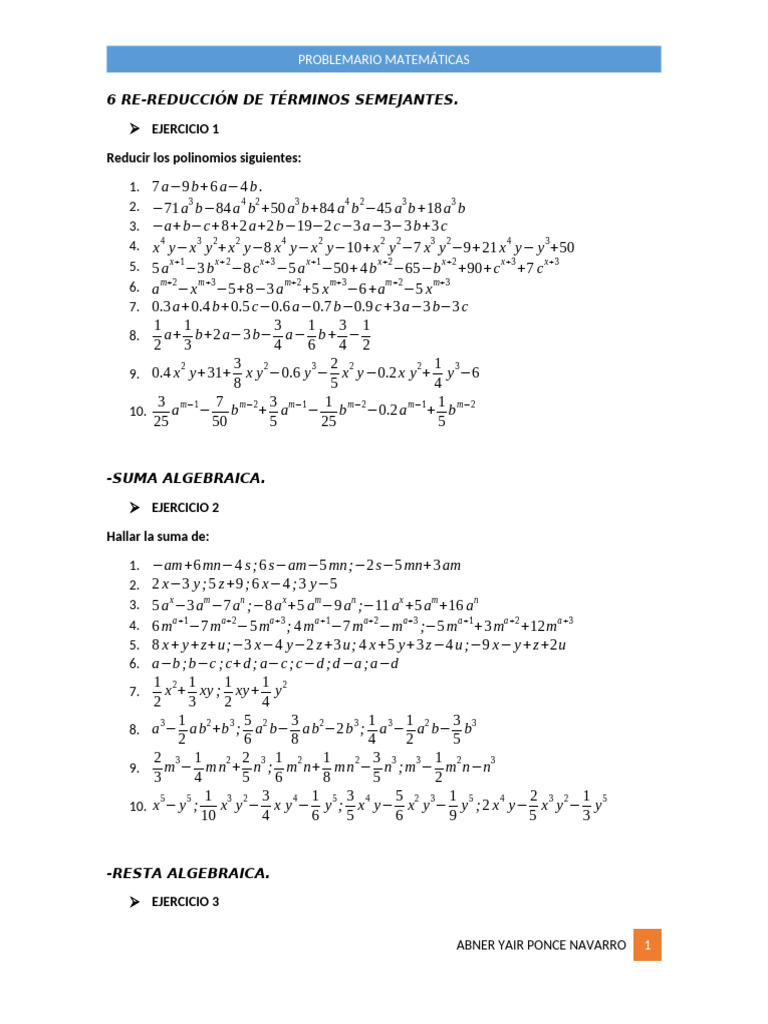 Problemario Algebra | PDF | Análisis numérico | Notación Matemática