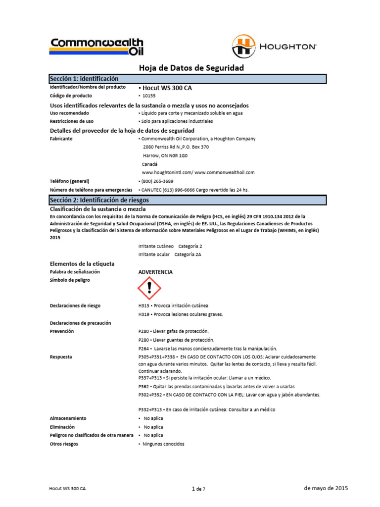 AQUA COMM Hocut-WS-300-CA-HI-sds - Spanish-Mexico | PDF