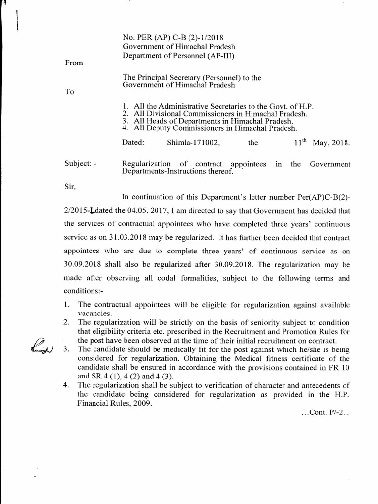 Instruction For Regularization of Contract Appointees | PDF