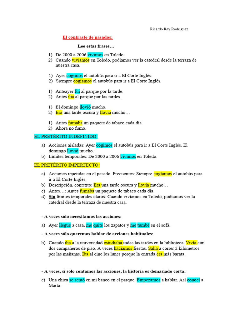 b1.2 - Unidad 3 - El Contraste de Pasados - Explicación y Ejemplos | PDF