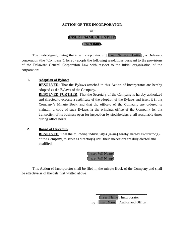 (Template) - Action of The Incorporator | PDF