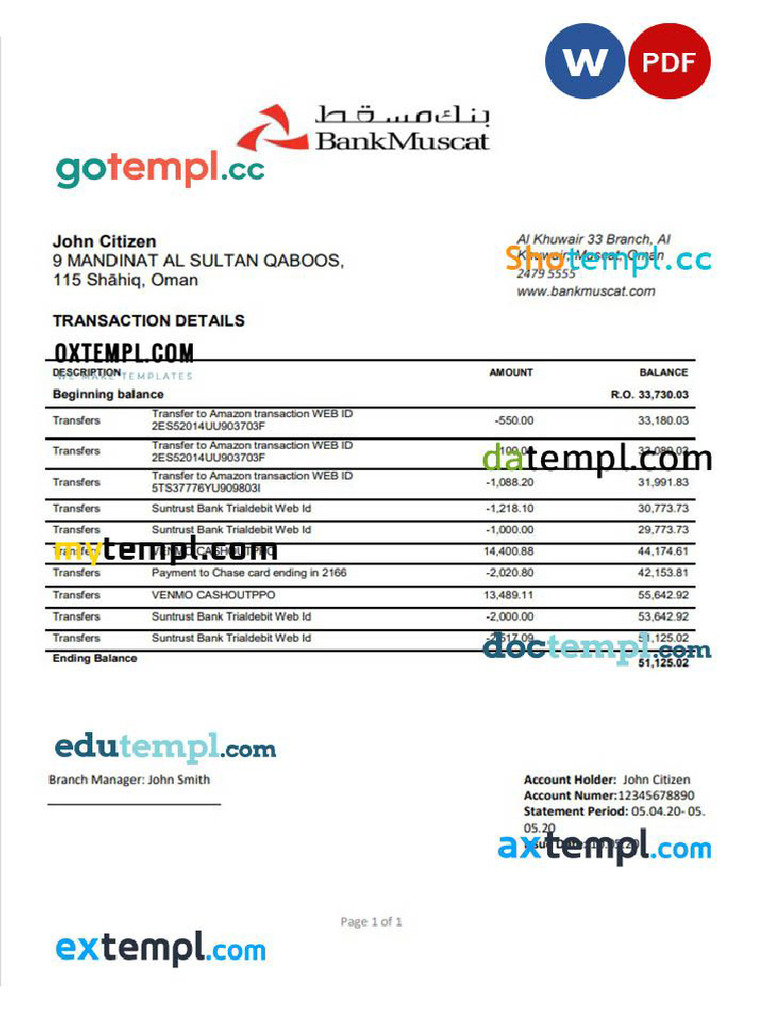 Doctempl - Oman Bank Muscat proof of address bank statement template in Word and PDF format ...
