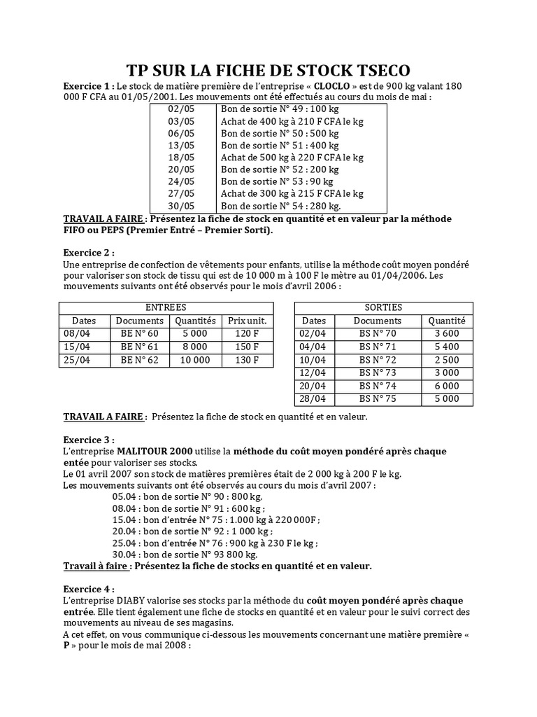 TP Sur La Fiche de Stock Tseco 1& | PDF