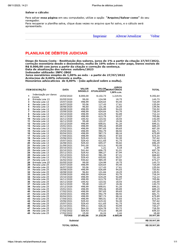 Planilha de Débitos Judiciais - Diego | PDF