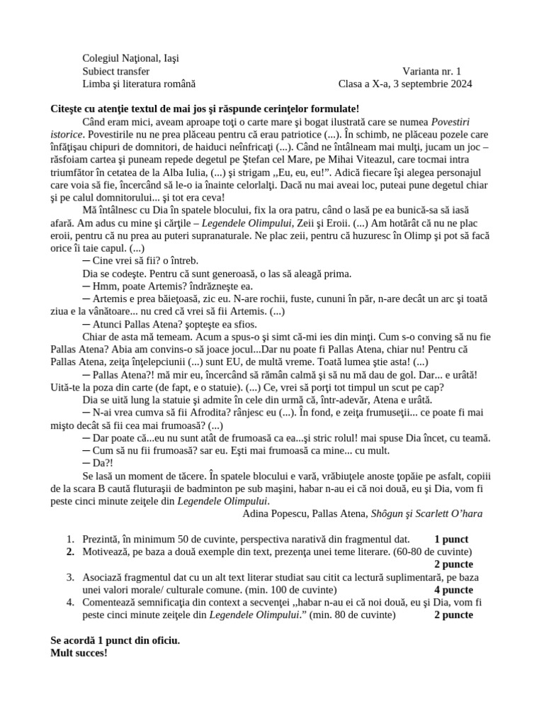 Subiect Transfer 10 - P | PDF