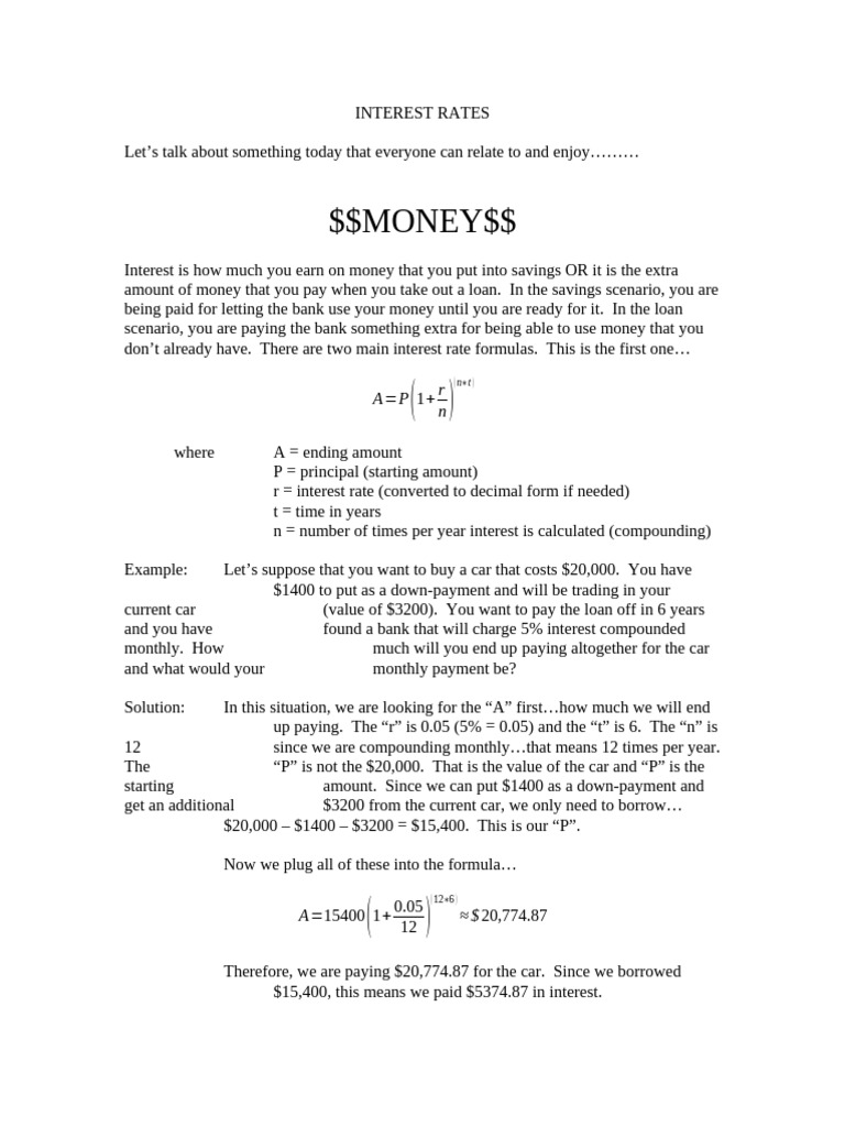 MAT 150 Collage Algebra: Interest Rates Notes | PDF
