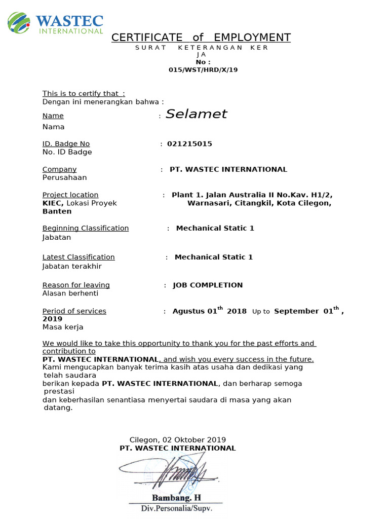 Paklaring Selamet | PDF