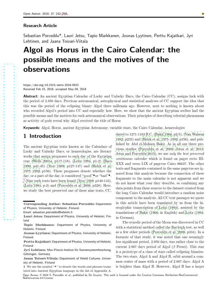 Algol As Horus in The Cairo Calendar, The Possible Means and The Motives of The Observations, by ...