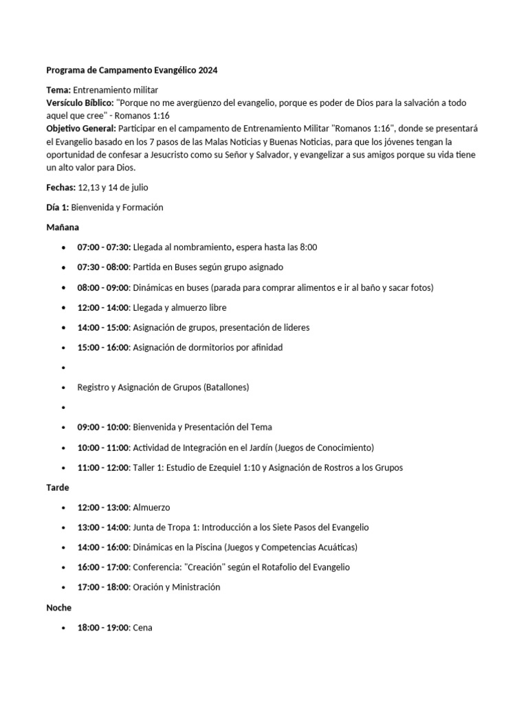 Programa de Campamento Evangélico 2024 | PDF