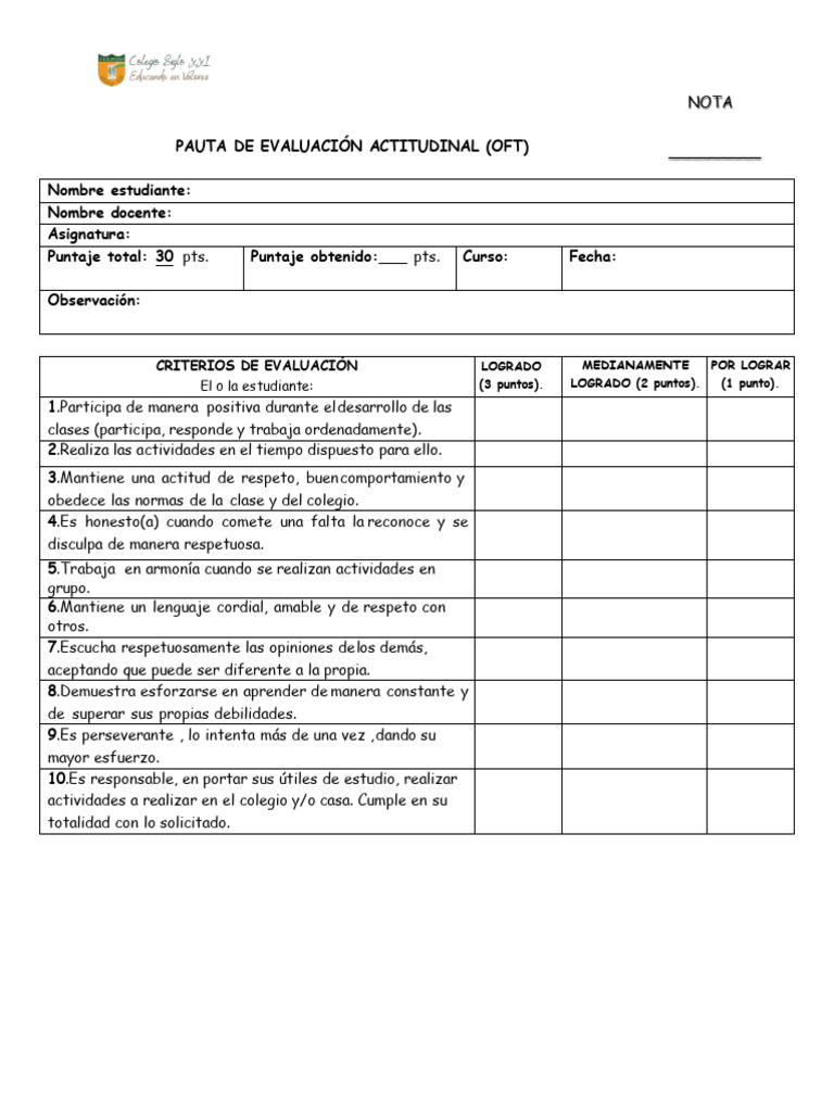 Pauta de Evaluación Actitudinal (1)-1 | PDF
