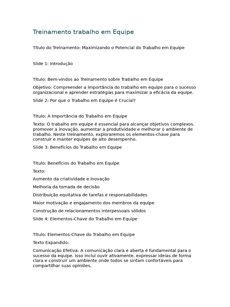 Treinamento trabalho em Equipe | PDF