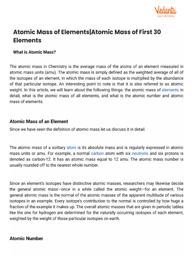 Atomic Mass of Elements - Atomic Mass of First 30 Elements | PDF