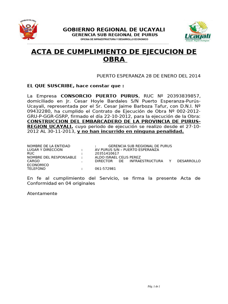 Acta de Conformidad de Ejecucion de Obra Embarcadero | PDF