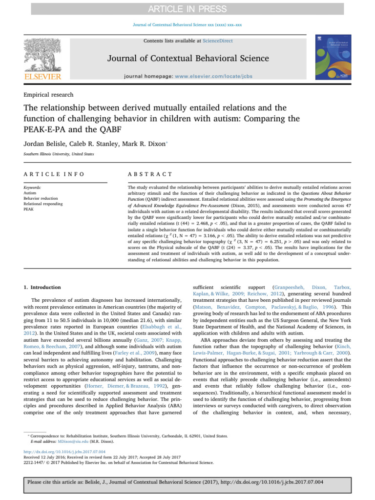 Journal of Contextual Behavioral Science: Jordan Belisle, Caleb R ...