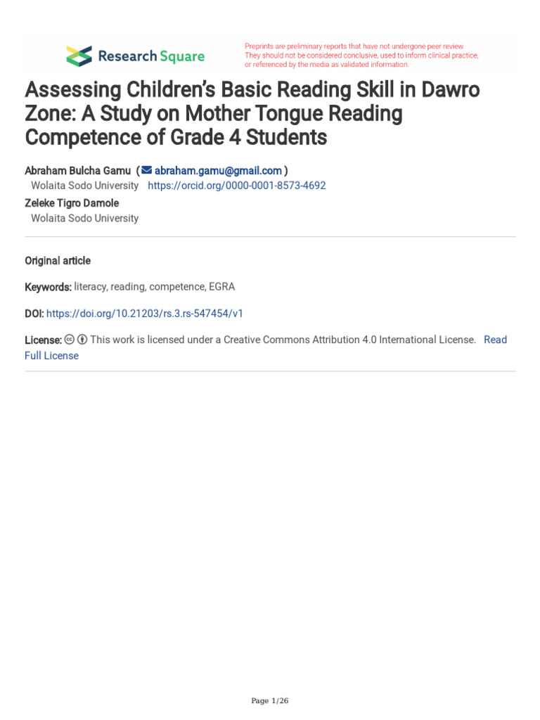 Assessing Childrens Basic Reading Skill in Dawro | PDF | Reading ...