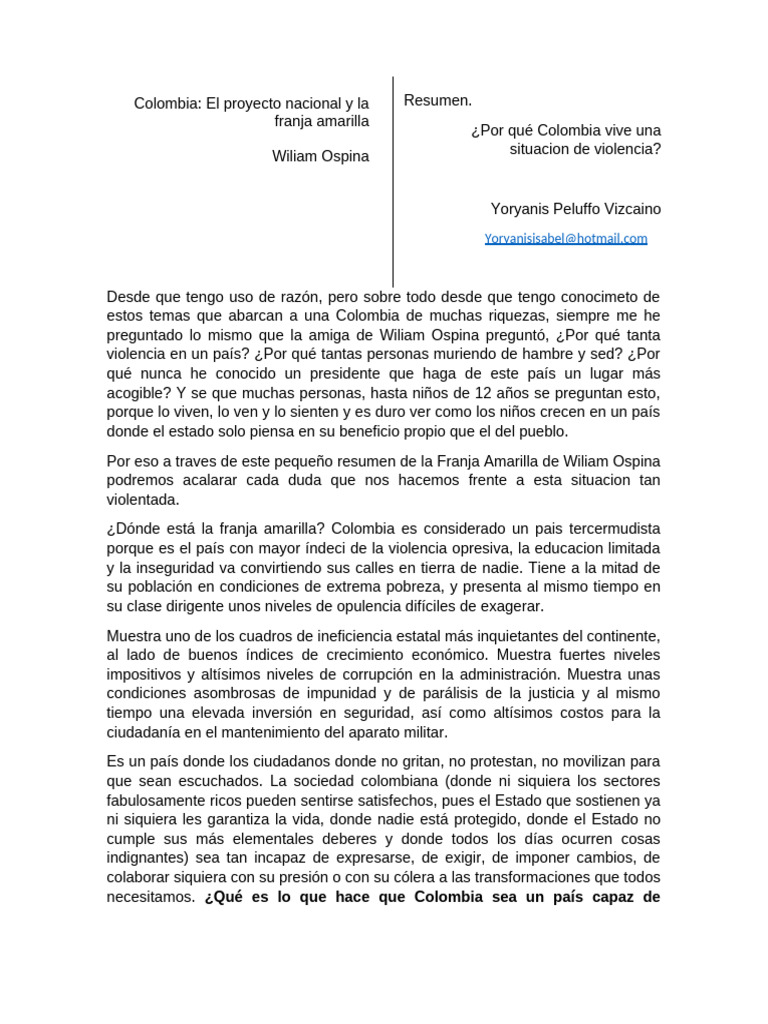 Resumen La Franja Amirilla de Wiliam Ospina | PDF | Pobreza | Ciencias ...