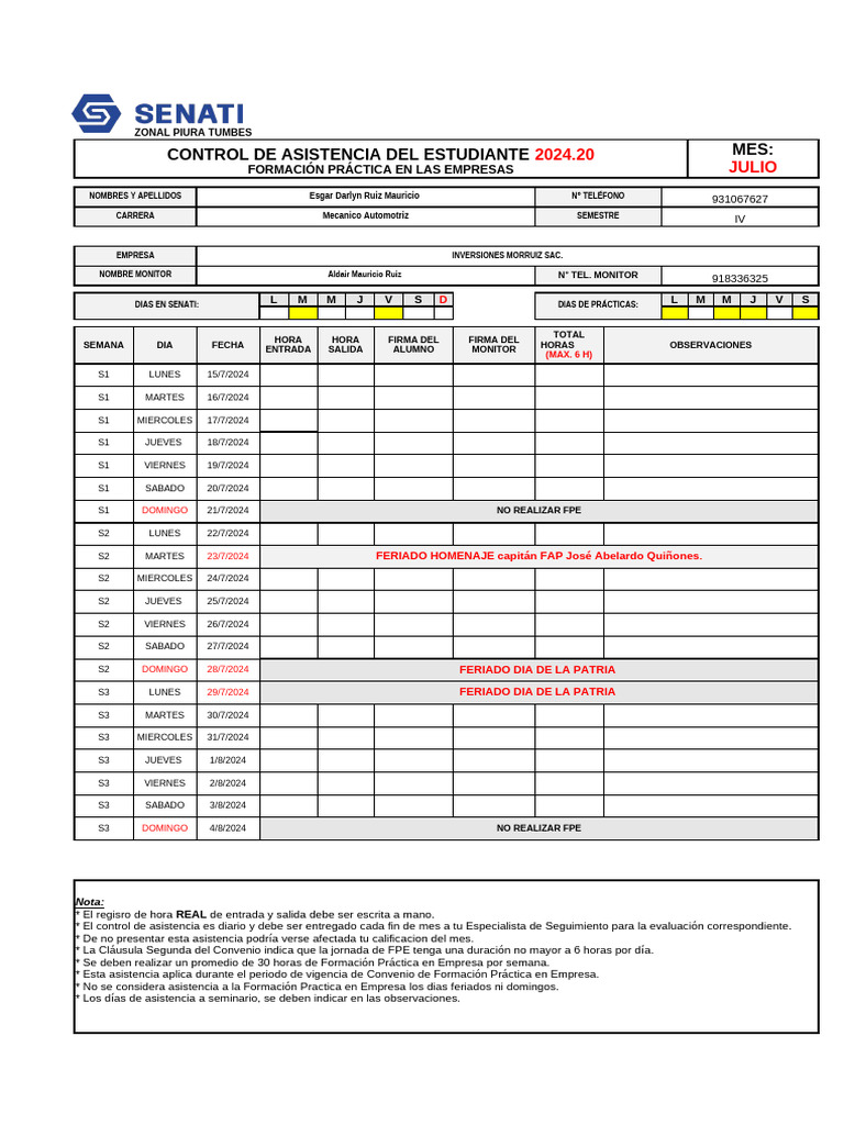 Formato de Control de Asistencia Sem 2024-20 Jul - Noviembre | PDF