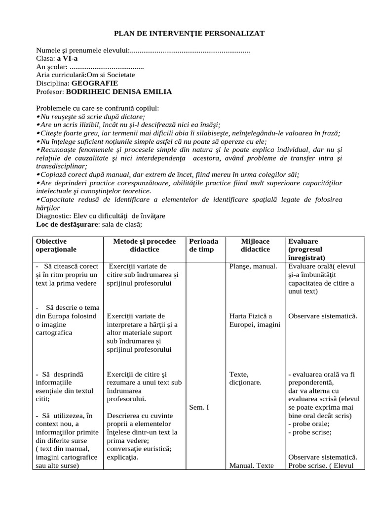 Plan de Interventie Personalizat Clasa Vi Geografie | PDF