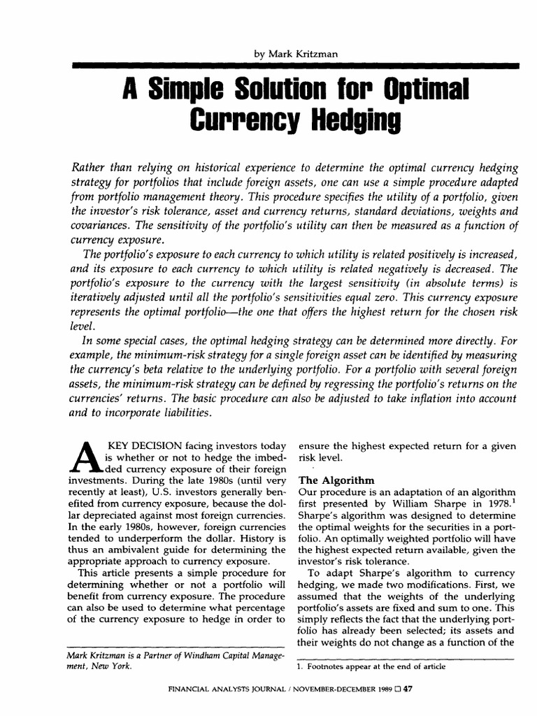 A Simple Solution For Optimal Currency Hedging | PDF | Hedge (Finance ...