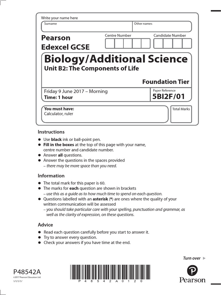 Edexcel GCSE June 2017 Foundation Biology Past Paper 2 | PDF