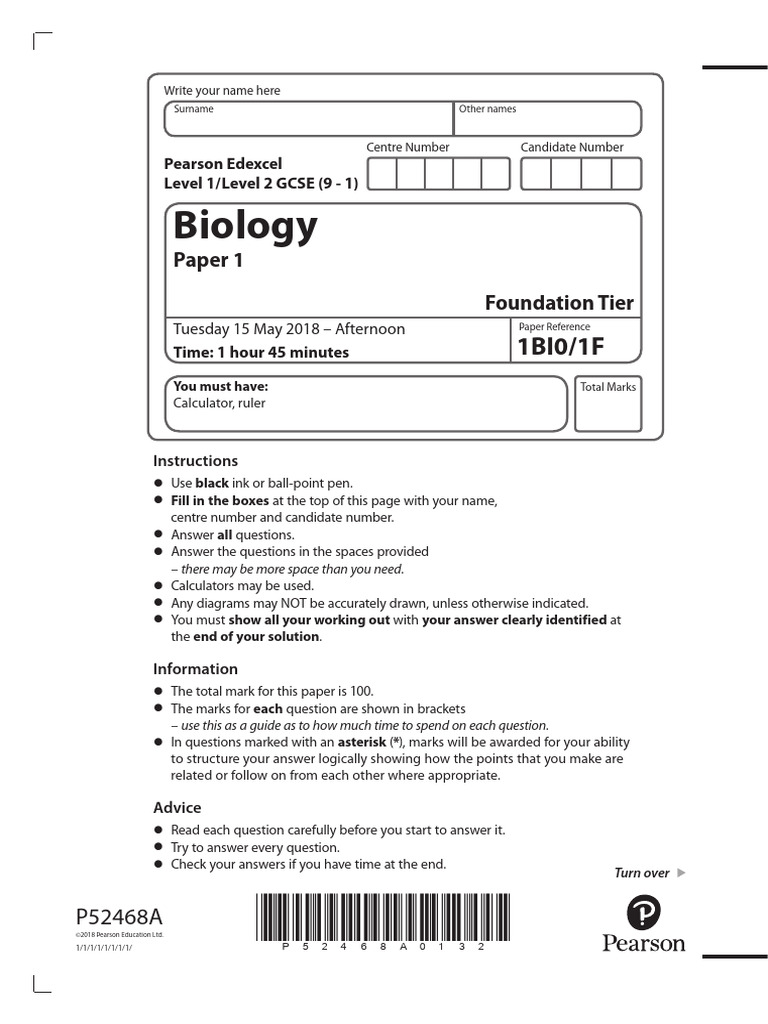 Edexcel GCSE June 2018 Foundation Biology Past Paper 1 | PDF