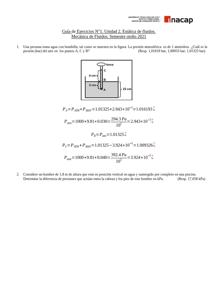 Guia Ejercicios #1 Unidad 2. Estatica de fluidos | PDF